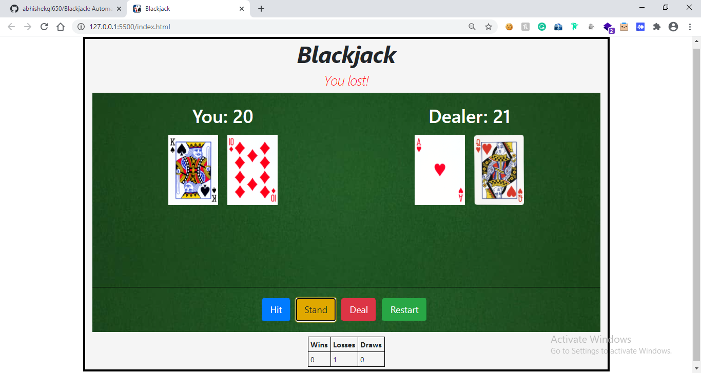 GitHub - abhishekgl650/Blackjack: Automated card game built with vanilla JS 🔥