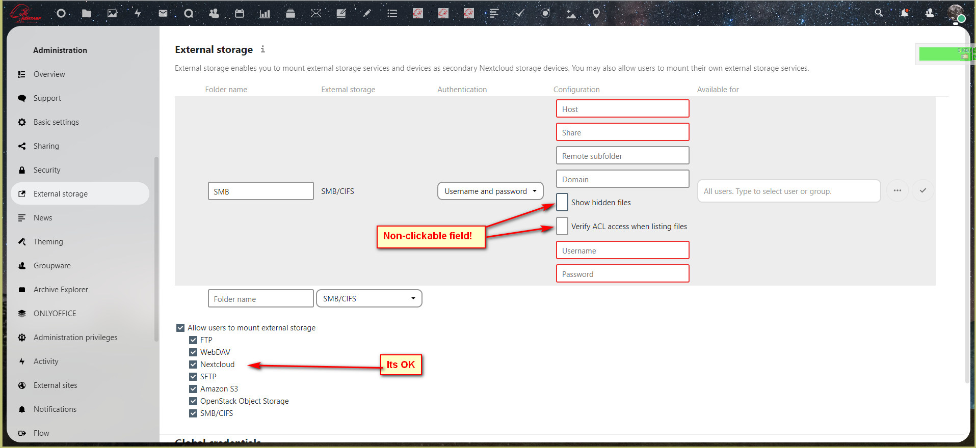 [Bug]: In the "External storage" settings, NOT a clickable check box · Issue #36765 · nextcloud ...