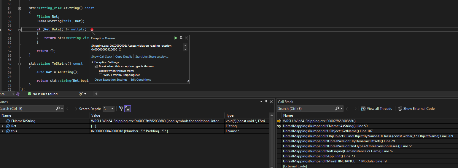 FName::AsString crashes, call stack attached · Issue #22 · TheNaeem/UnrealMappingsDumper · GitHub
