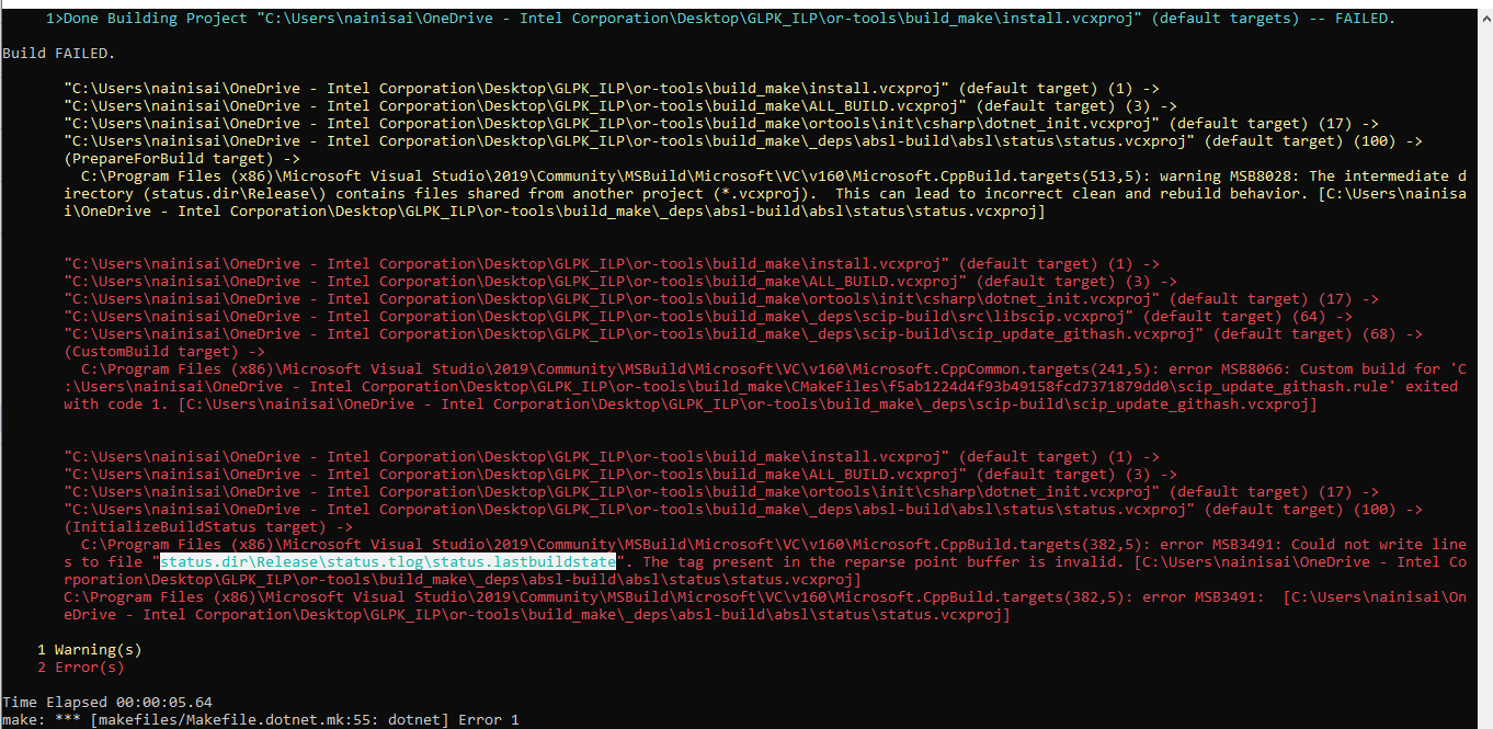 Build fails when trying to install or tools from source code for third party solver (GLPK ...