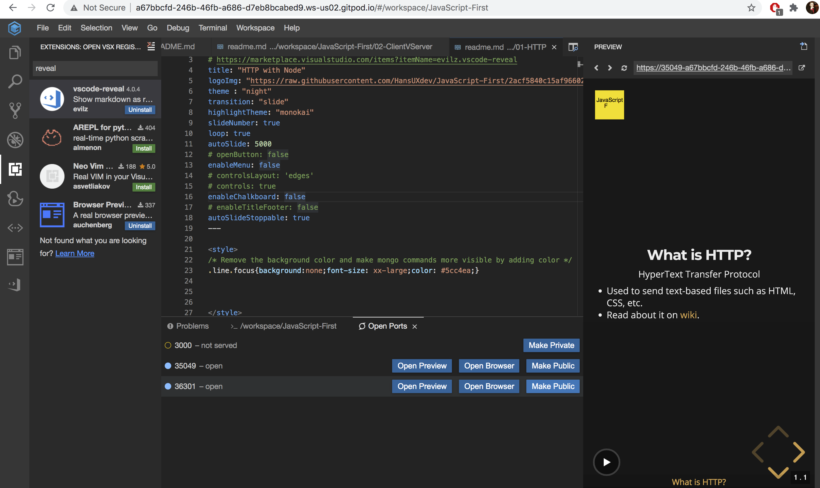 Request: Publish Extension on open-vsx.org for GitPod · Issue #527 · evilz/vscode-reveal · GitHub