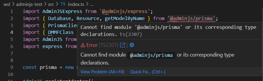 Cannot find module '@adminjs/prisma' or its corresponding type declarations.ts(2307) · Issue #37 ...