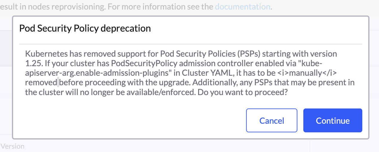 Modify PSP deprecation warning message when upgrading a K3s custom ...