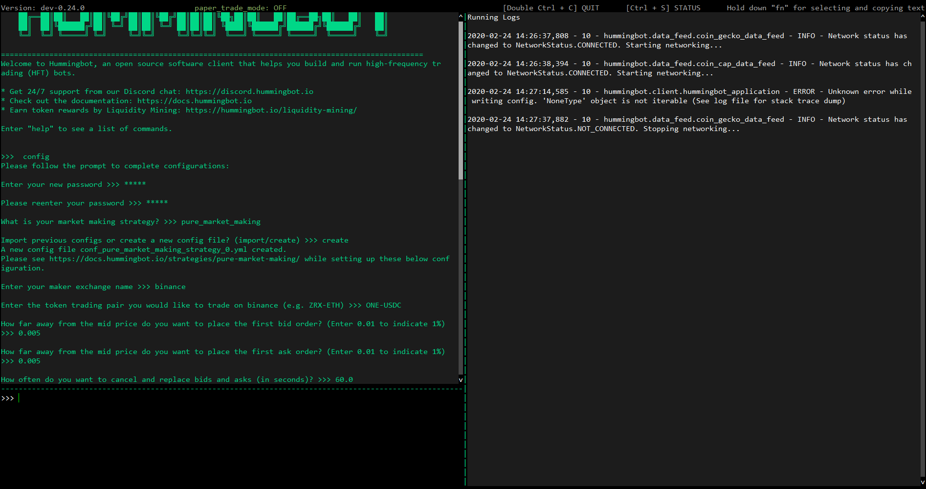 [BUG] Pure MM config walkthrough stops in order amount · Issue #1451 ...