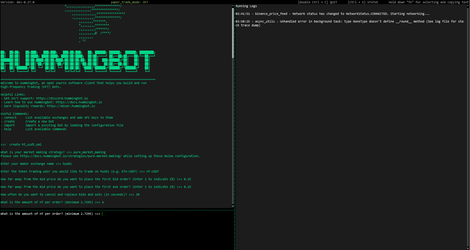 [BUG] Error when responding to order amount prompt in Huobi · Issue #1678 · hummingbot ...