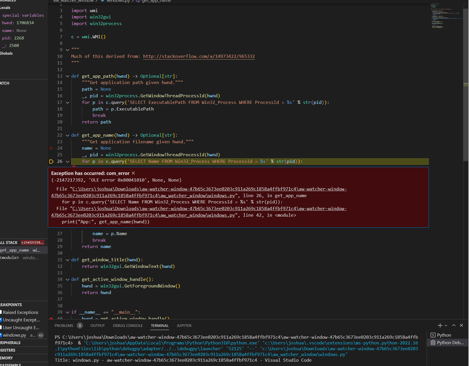 Exception thrown while trying to get active window - WINDOWS · Issue #808 · ActivityWatch ...
