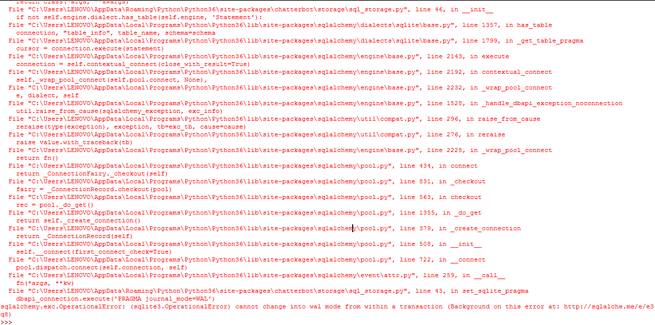 cannot change into wal mode from within a transaction · Issue #1860 · gunthercox/ChatterBot · GitHub
