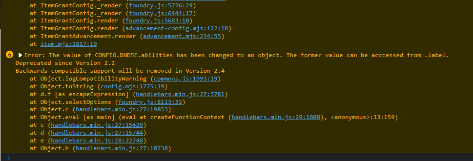 V11 V220 Deprecation Warning When Rendering An Item Grant Advancement And When Dropping A