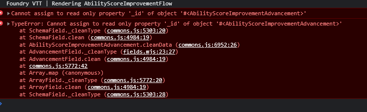Drag-dropping a new advancement onto a class within an actor triggers an error if the level of ...