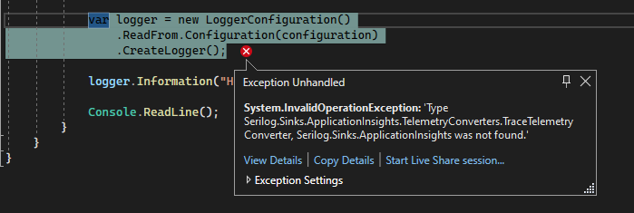 TelemetryConverter configuration throws InvalidOperationException using the provided appsettings ...