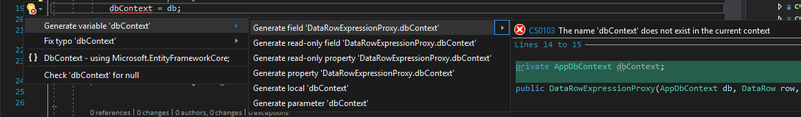 CS0103 fixer for missing LHS of assignment incorrectly suggests turning missing variable into a ...