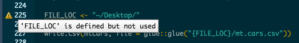 "Is defined but not used" code diagnostic warning does not account for use in glue string ...