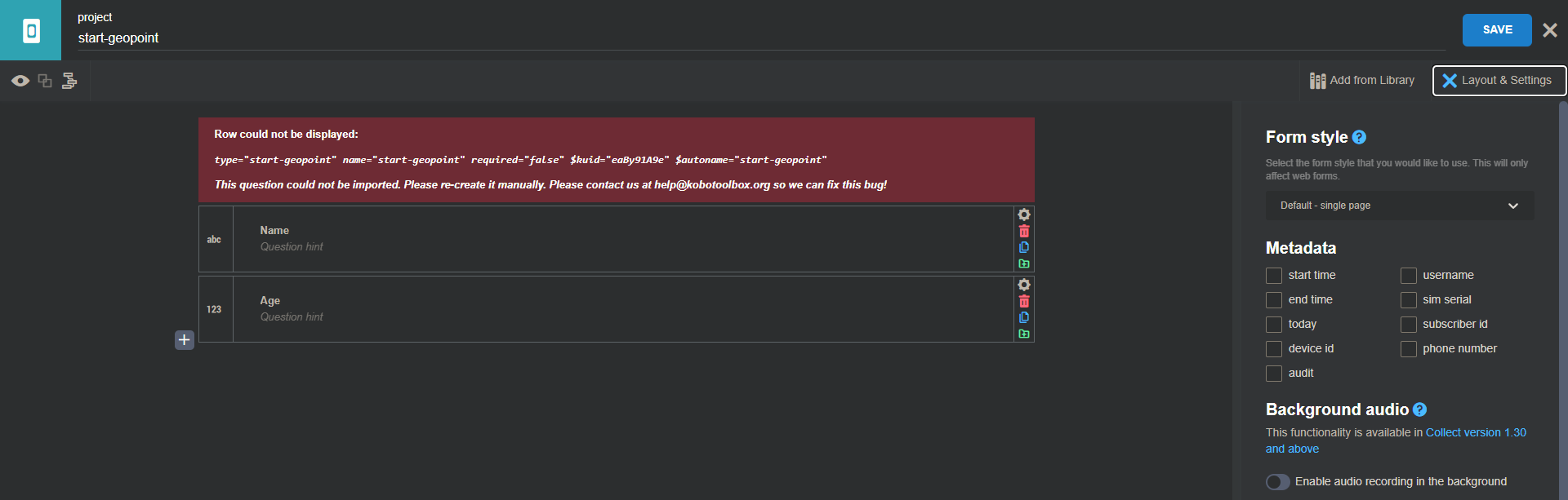 `start-geopoint` question type not supported by KoboToolbox UI · Issue ...