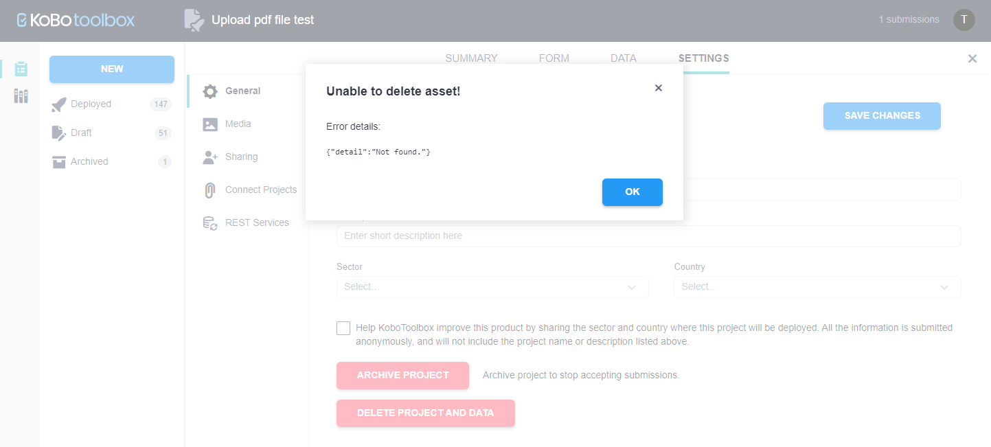 Unable to delete a project in Master Server · Issue #3790 · kobotoolbox/kpi · GitHub
