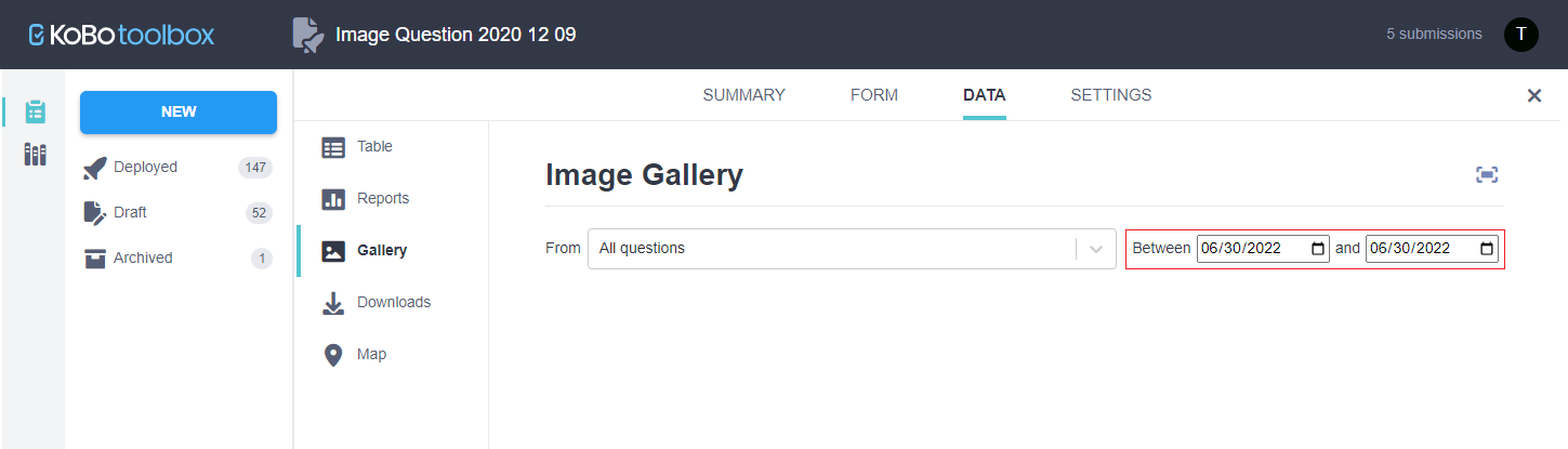 Date range not working as expected under the Gallery · Issue #3893 · kobotoolbox/kpi · GitHub