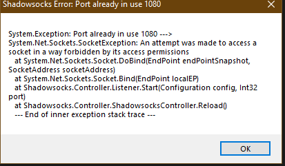 Shadowsocks Error: Port already in use 1080 · Issue #2449 · shadowsocks/shadowsocks-windows · GitHub