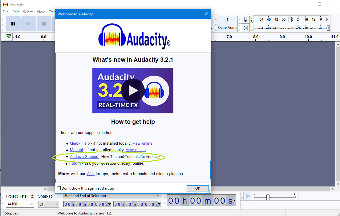 Help menu (and "Welcome to Audacity" dialog) to have an entry to link to GitBook Audacity ...