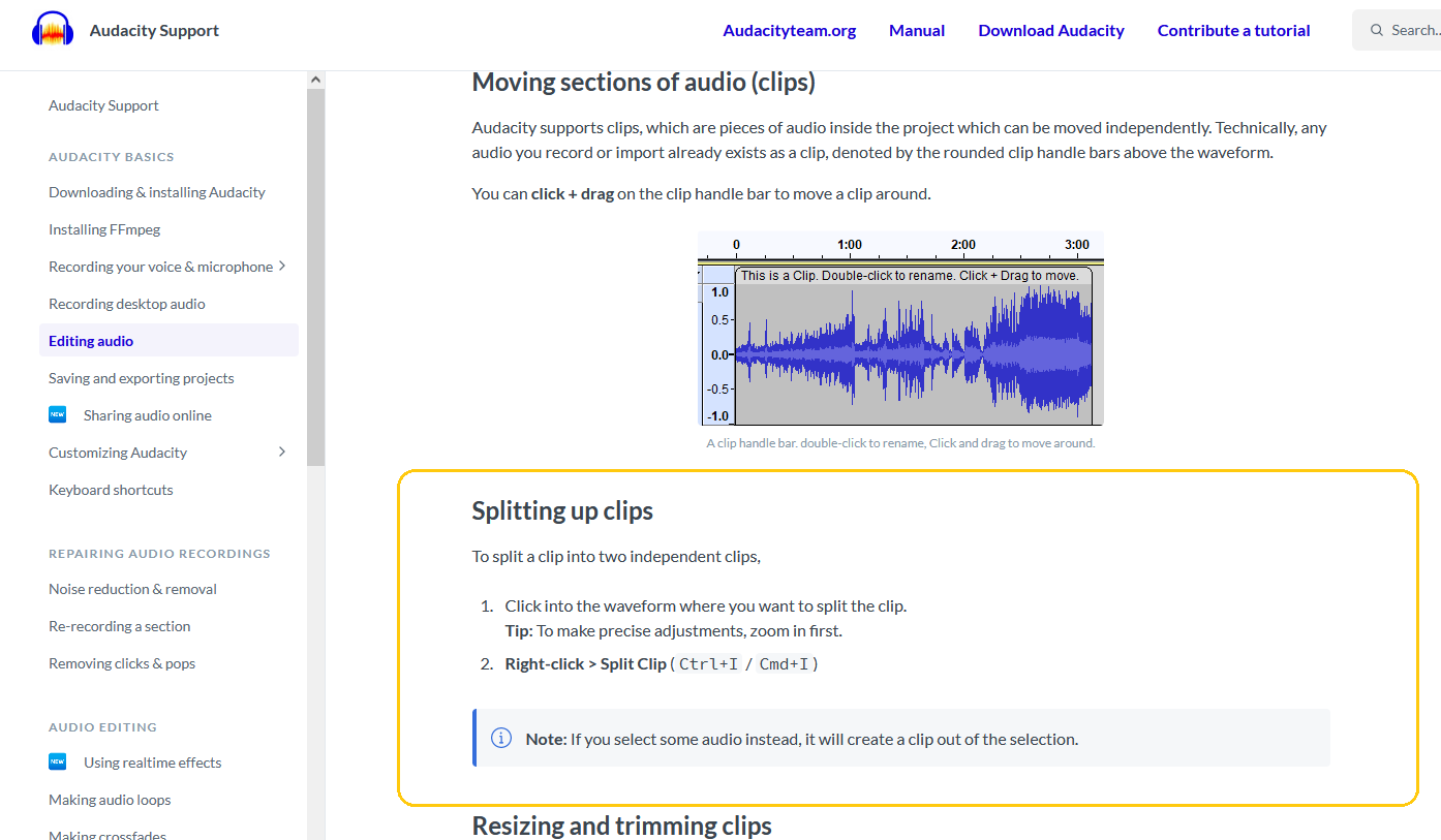 Is Split intended to make "smart clips" contain all the audio from the parent clip · audacity ...