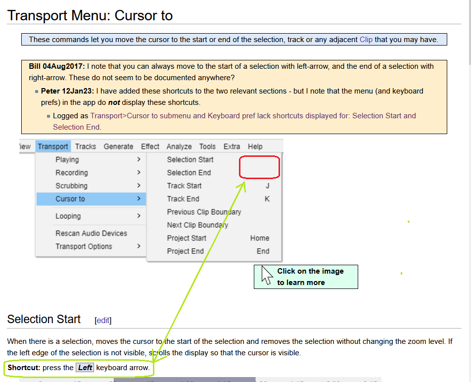 Transport>Cursor to submenu and Keyboard pref lack shortcuts displayed for: Selection Start and ...
