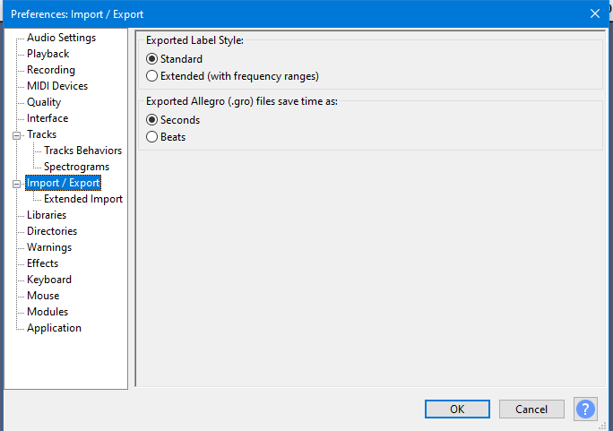New Export - changes could be extended to Export of Labels and MIDI ...