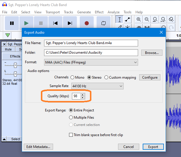 Default quality setting for M4A/AAC stereo export is ridiculously low at 98 kbps · Issue #5079 ...