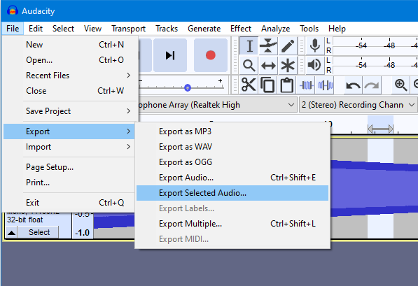 Add an "Export Selected Audio" to the Extra>Export menu · Issue #5581 · audacity/audacity · GitHub