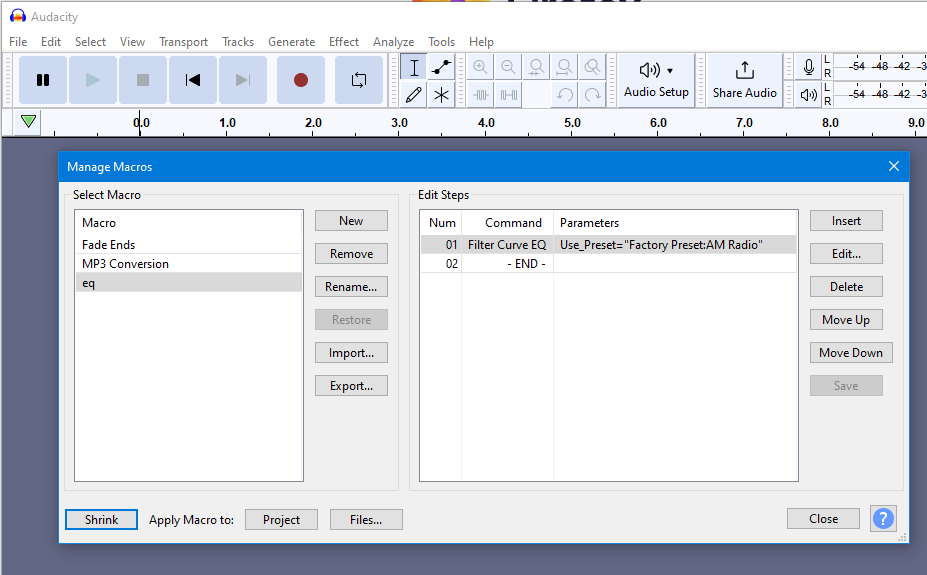 EQ in a macro fails when applied to files · Issue #5604 · audacity/audacity · GitHub