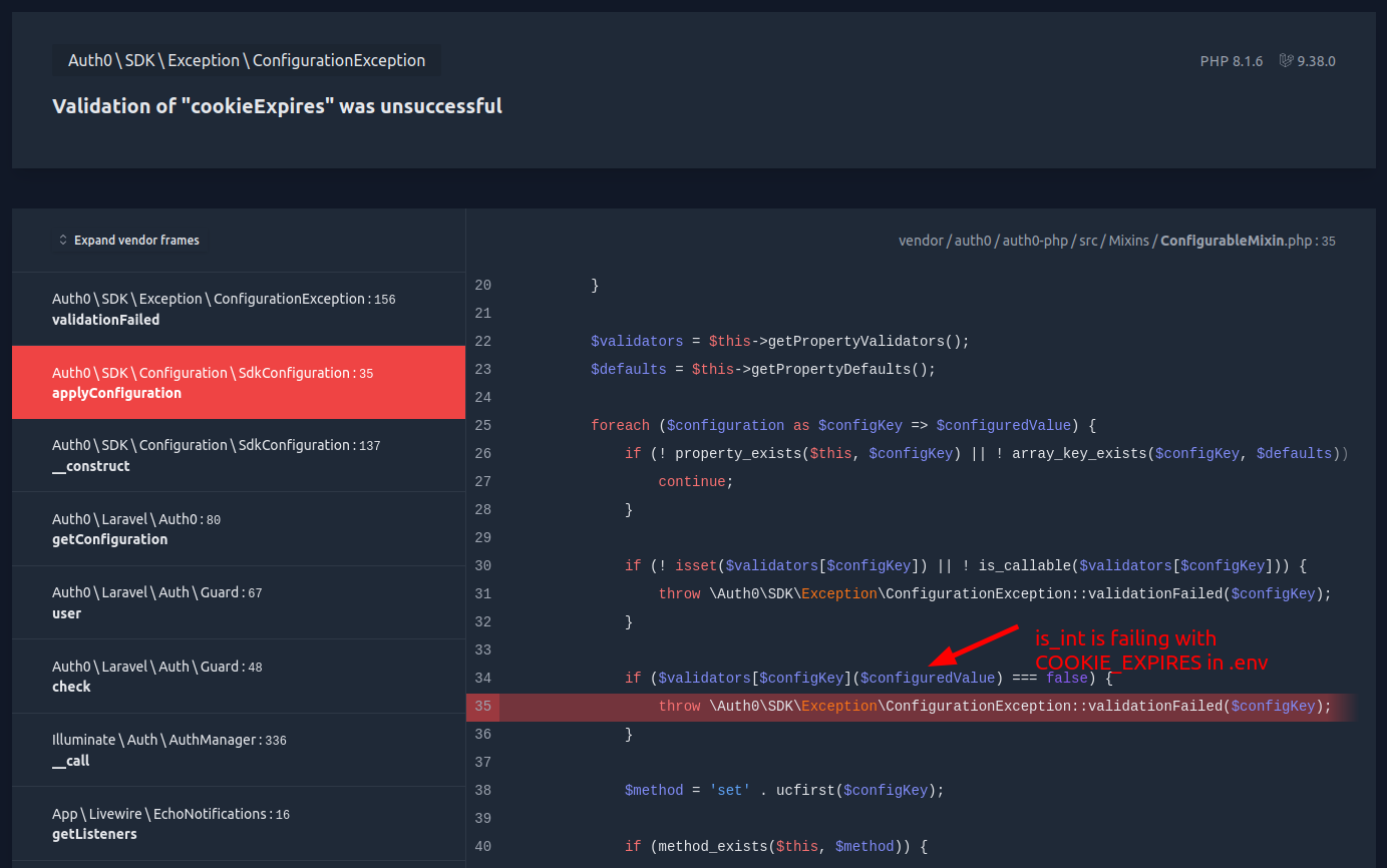Validation of "cookieExpires" was unsuccessful · Issue #330 · auth0/laravel-auth0 · GitHub