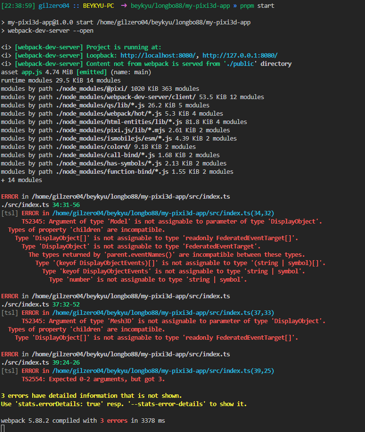 Why create project with comand npx create-pixi3d-app@latst my-pixi3d-app, after start notwork ...