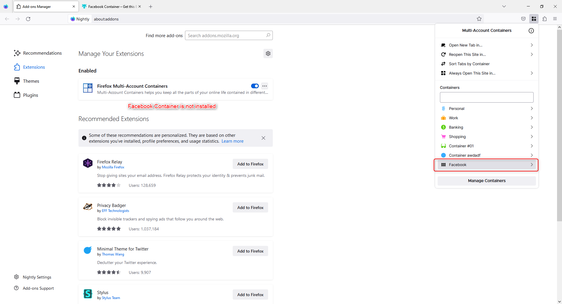 “Facebook Container” container remains available even after removing the extension · Issue #2431 ...