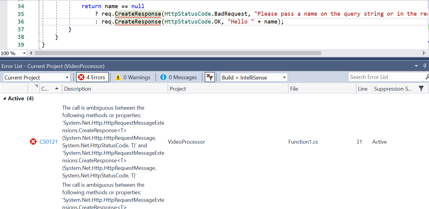 Azure Function is not working with HttpResponseMessage and HttpRequestMessage.CreateResponse ...