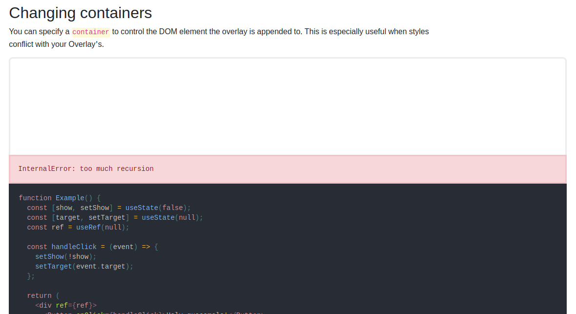 Broken example under 'Changing Containers' in documentation · Issue #6009 · react-bootstrap ...