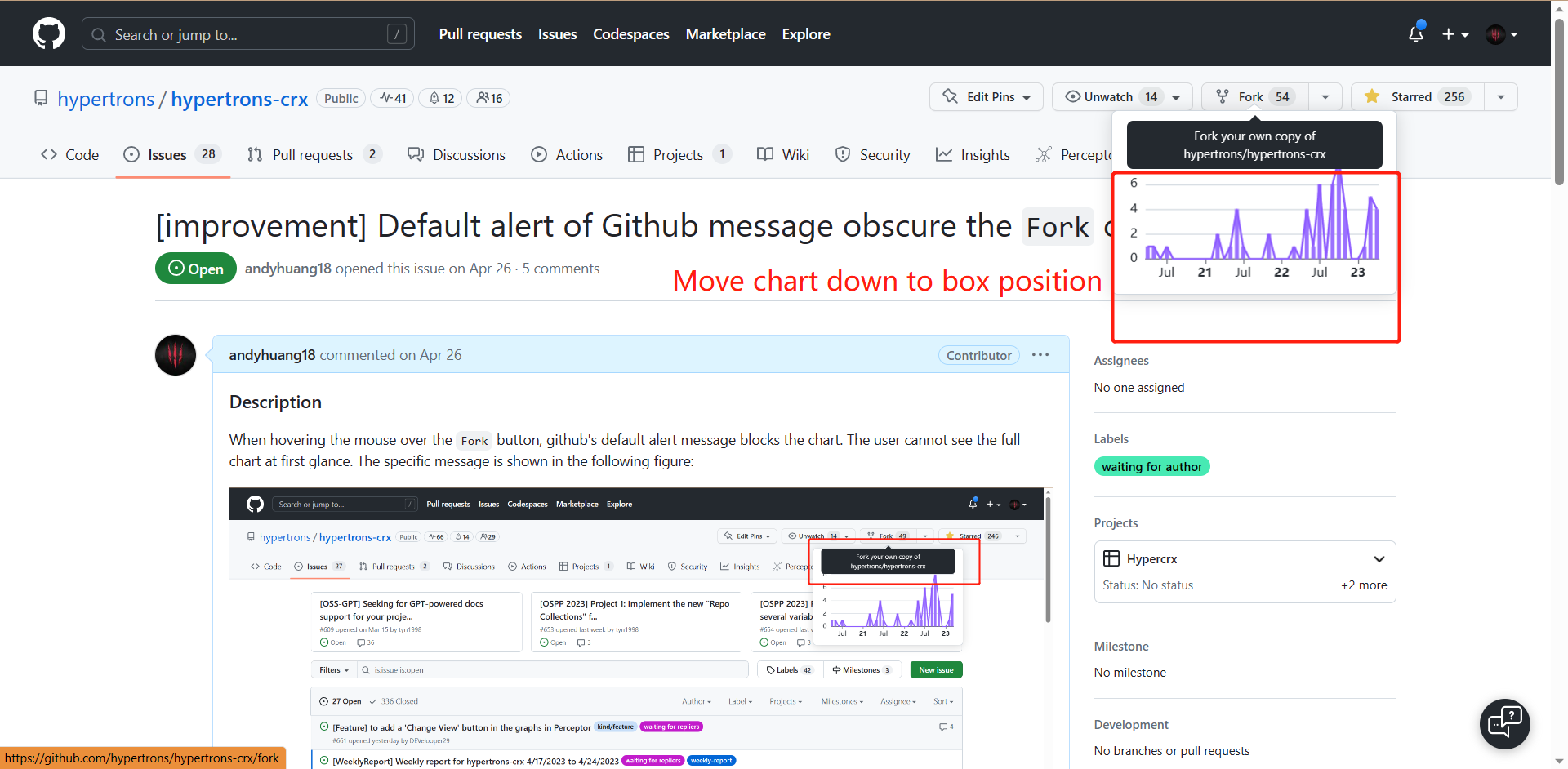 [improvement] Default alert of Github message obscure the `Fork` chart ...