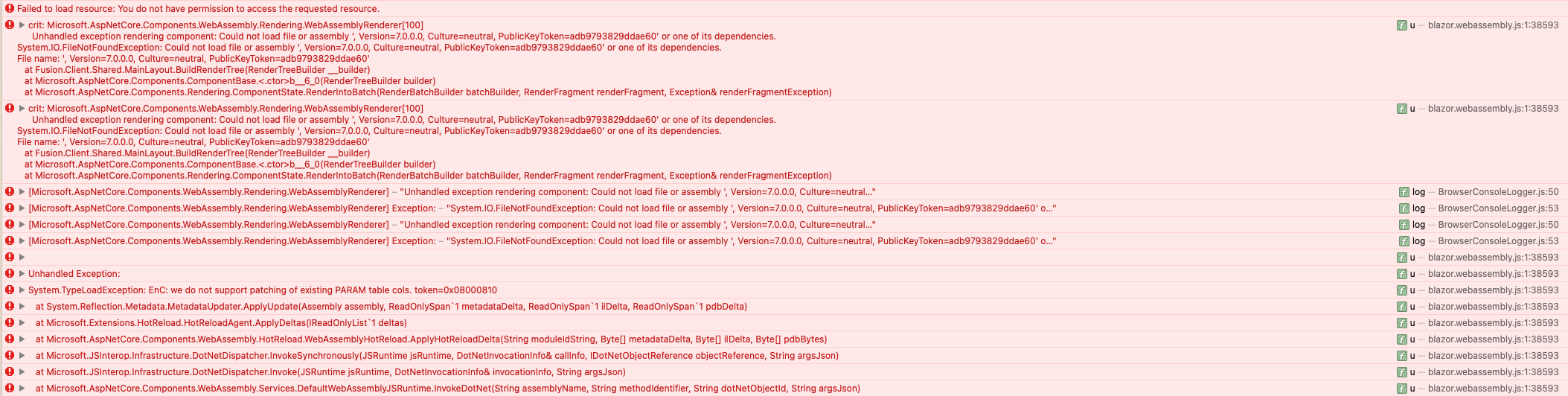 [hot reload] Could not parse field signature 0a0008a9 due to: Could not resolve type with token ...