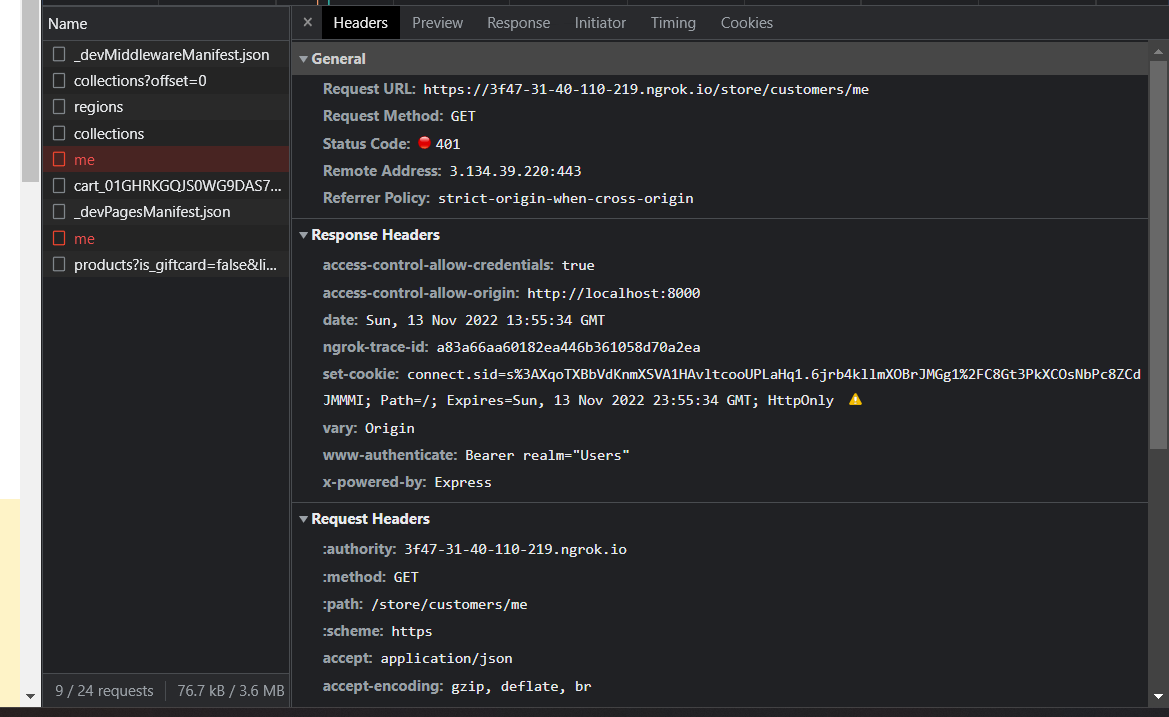 401 error for `/store/customers/me` · Issue #2598 · medusajs/medusa · GitHub