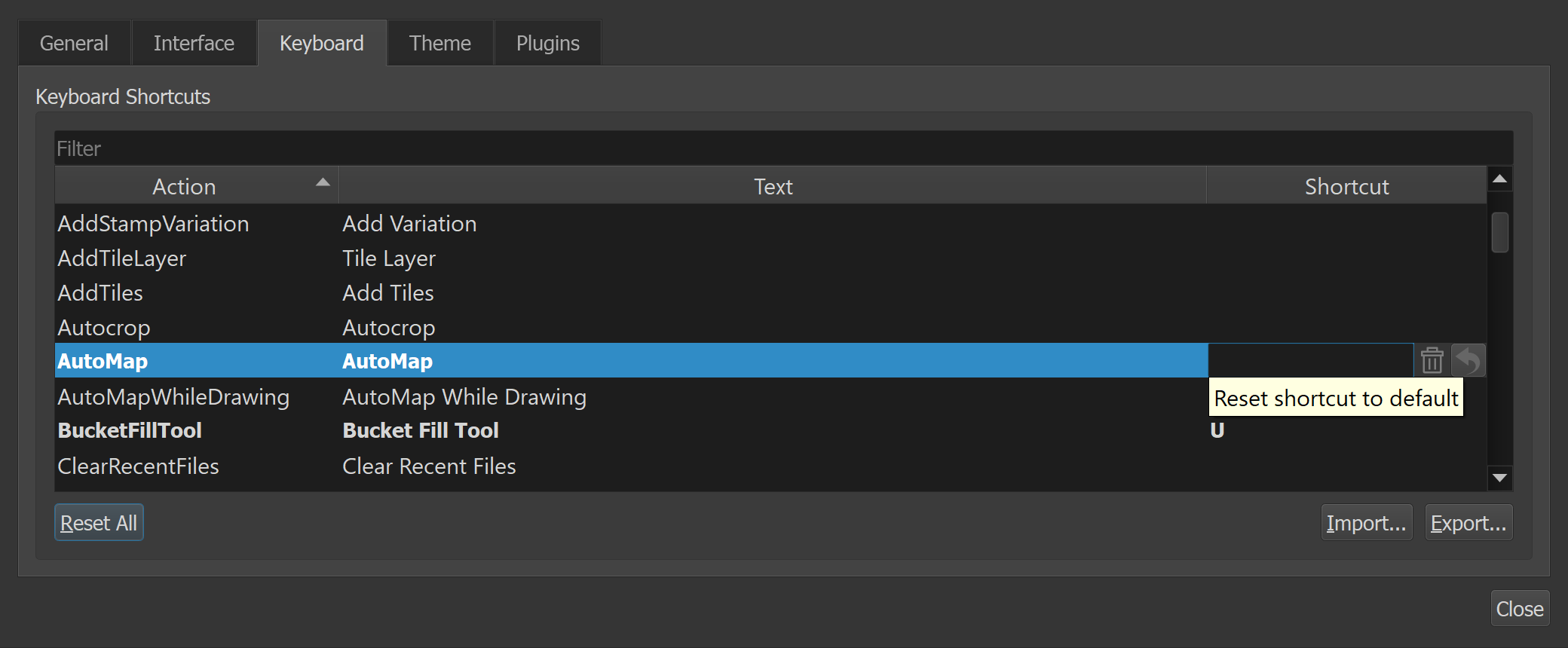 Add reset button next to keyboard shortcuts that override their default ...