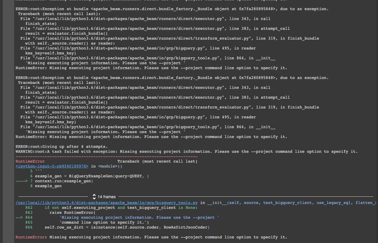 Colab InteractiveContext Unable to Determine ProjectID for BQ · Issue #882 · tensorflow/tfx · GitHub