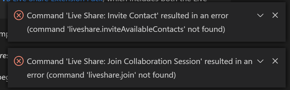 Command 'Live Share: Join Collaboration Session' resulted in an error (command 'liveshare.join ...