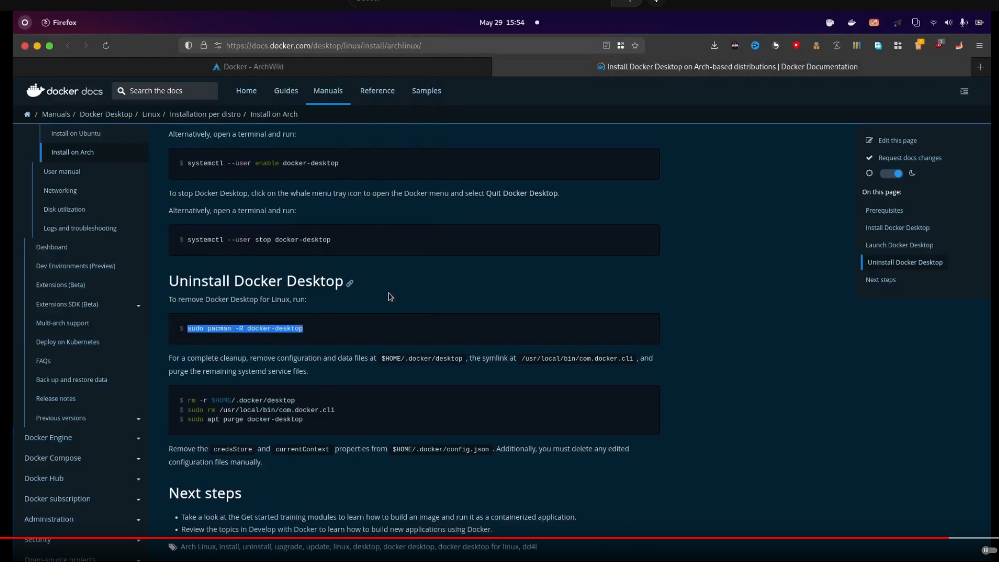 There is no uninstall section in Arch Linux page. · Issue #16229 · docker/docs · GitHub
