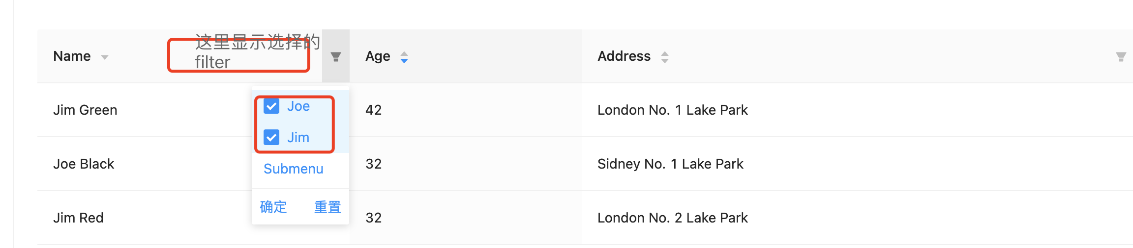 table filter improvements (show the value of the select filter next to ...