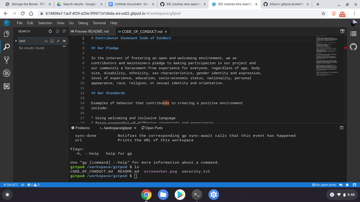 Ide Crashes Whe Searching For Something · Issue 872 · Gitpod Iogitpod · Github