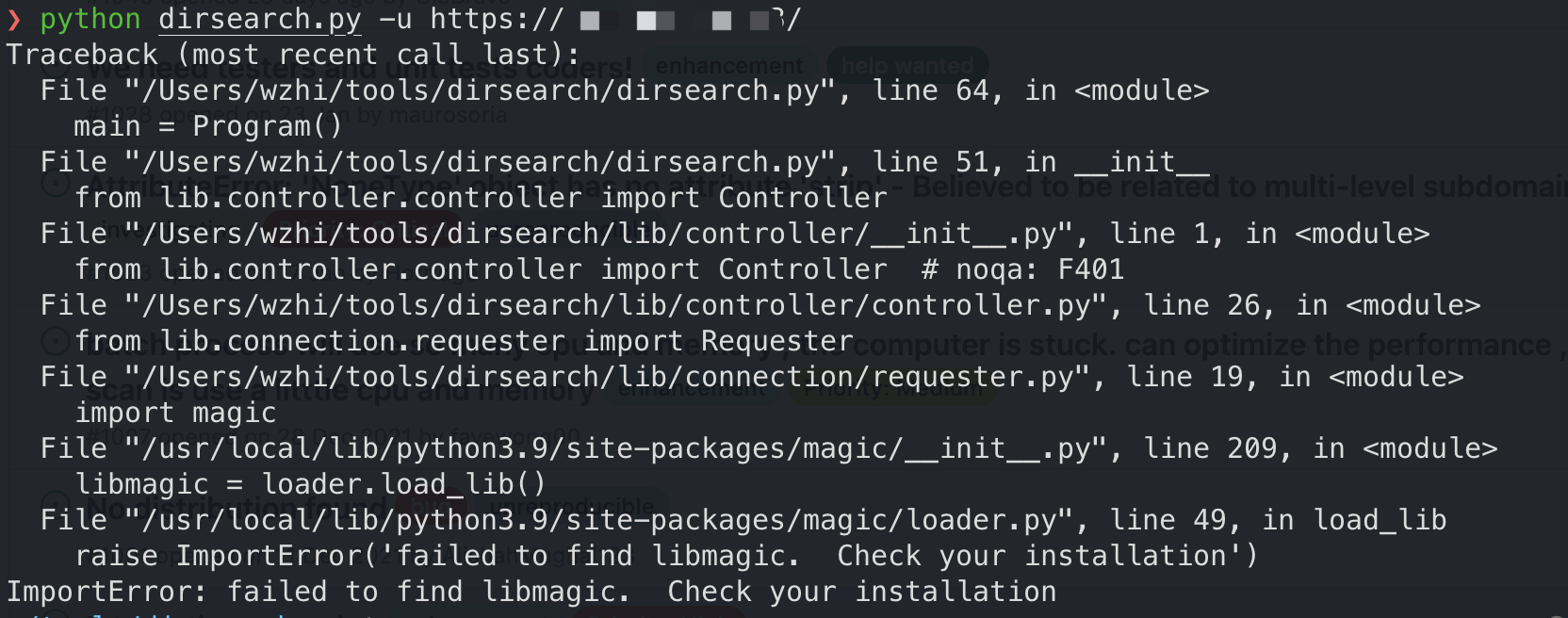 Importerror Failed To Find Libmagic · Issue 1059 · Maurosoriadirsearch · Github 