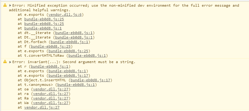 在react下使用，服务器打包后，粘贴外部文章的时候报错！！！ Minified exception occurred; use the ...