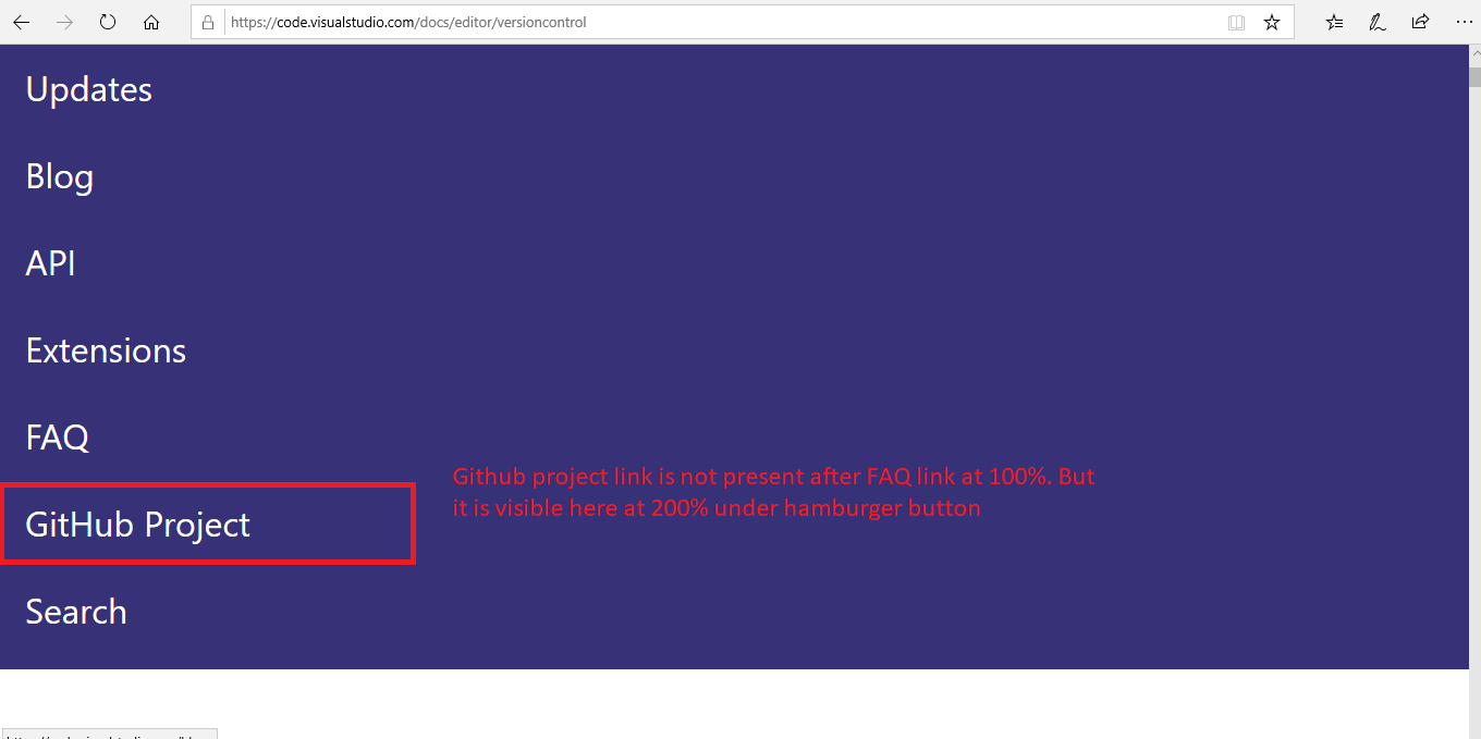 A11y_code.visualstudio.com(CELA-P1)_Debugging_Resize: "Github Project" link is getting displayed ...