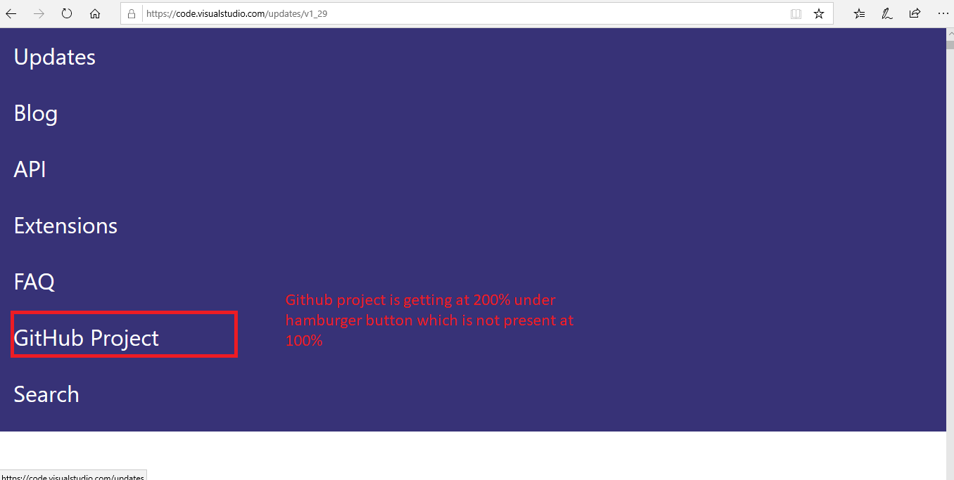 A11y_code.visualstudio.com(CELA-P1)_Debugging_Resize: "Github Project" link is getting displayed ...