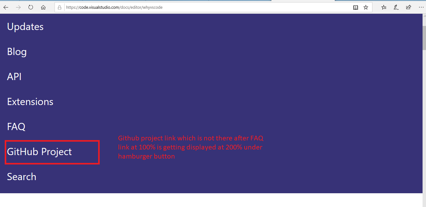 A11y_code.visualstudio.com(CELA-P1)_Debugging_Resize: "Github Project" link is getting displayed ...