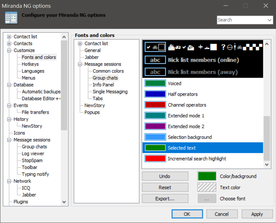 TabSRMM: настройка цвета выделенного текста применяется только к никлисту, но не к логу ...