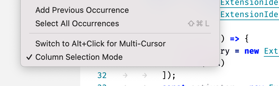Column Selection Mode menu item needs a check mark for status indicator · Issue #144724 ...