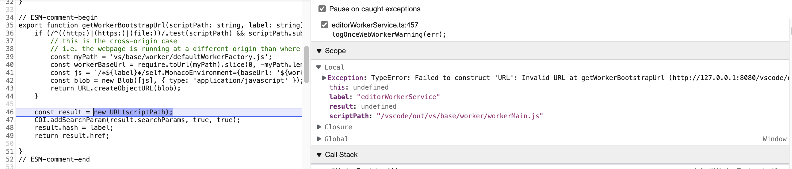 Invalid URL at getWorkerBootstrapUrl · Issue #161394 · microsoft/vscode · GitHub