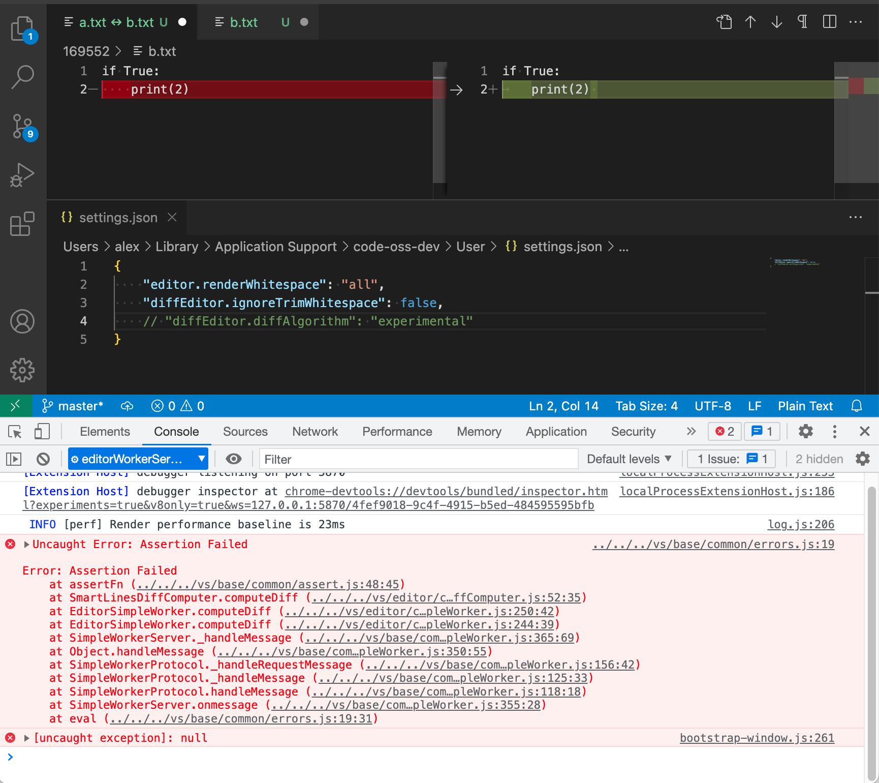 Diff Editor `uncaught Error Assertion Failed` When Enabling `editorignoretrimwhitespace